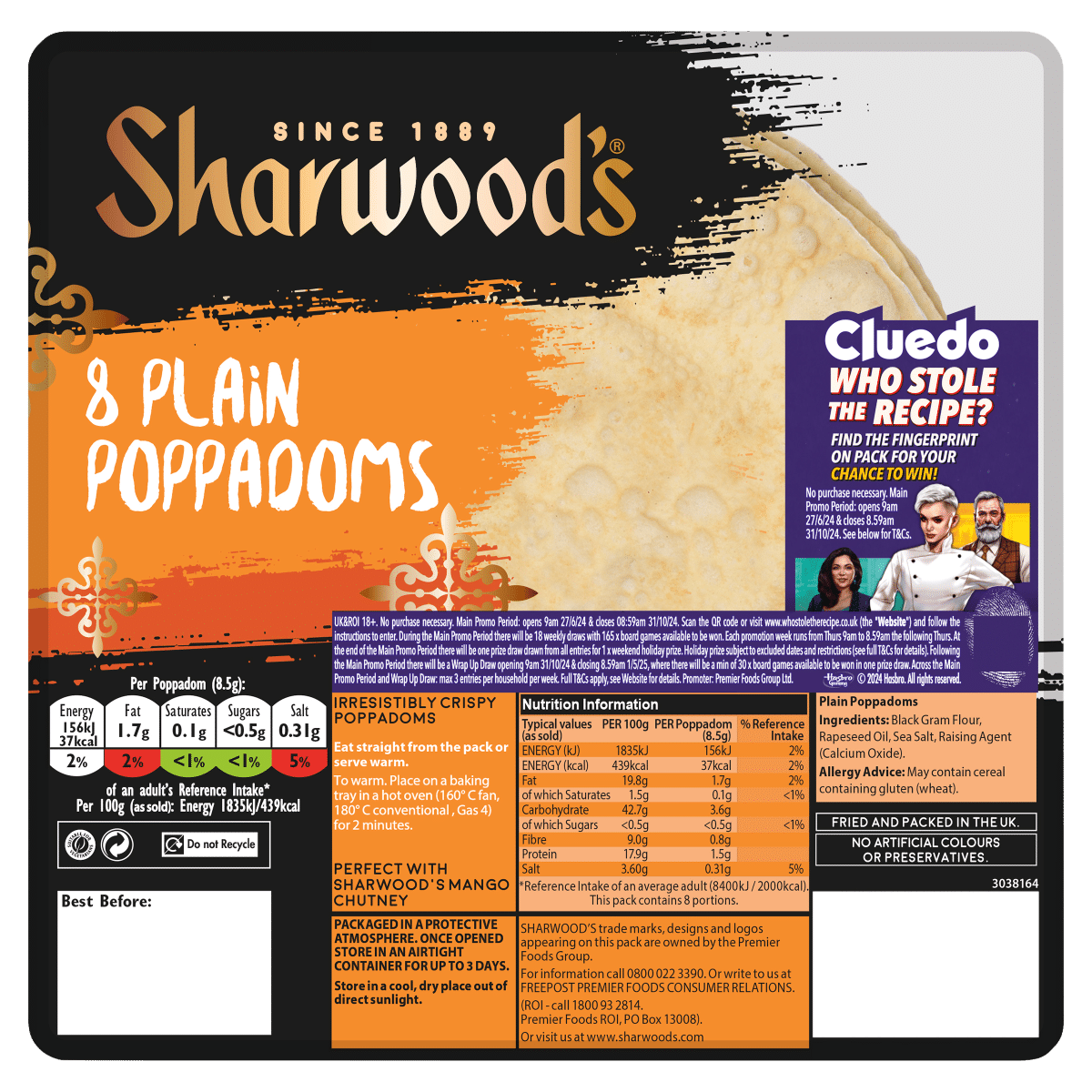 Sharwood's 8 Plain Poppadoms - One Stop