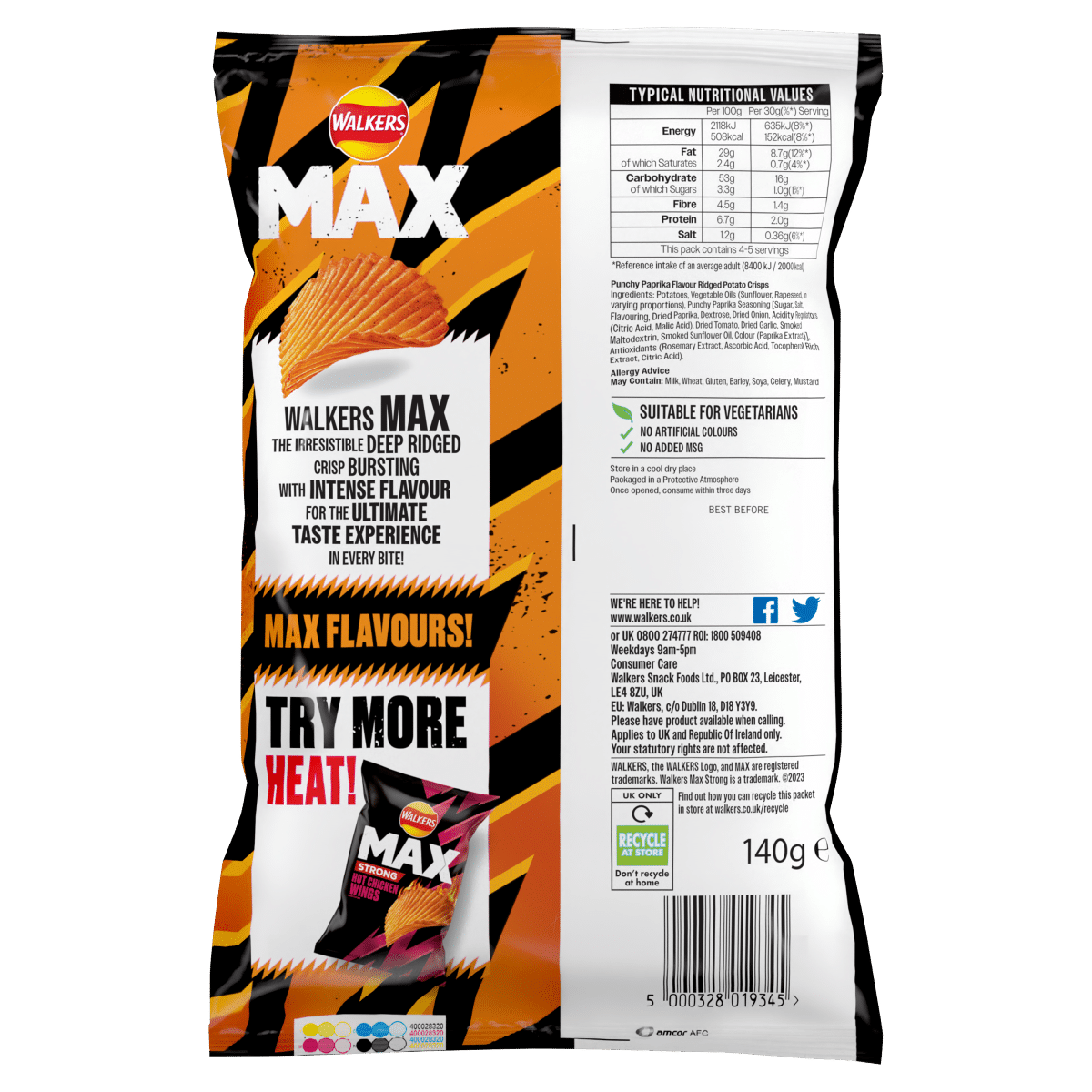 Walkers Max Punchy Paprika Sharing Crisps 140g - One Stop