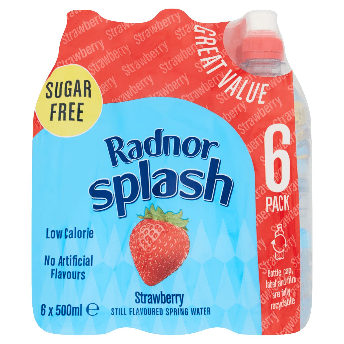 Radnor Splash Strawberry Still Flavoured Spring Water 6 x 500ml - One Stop