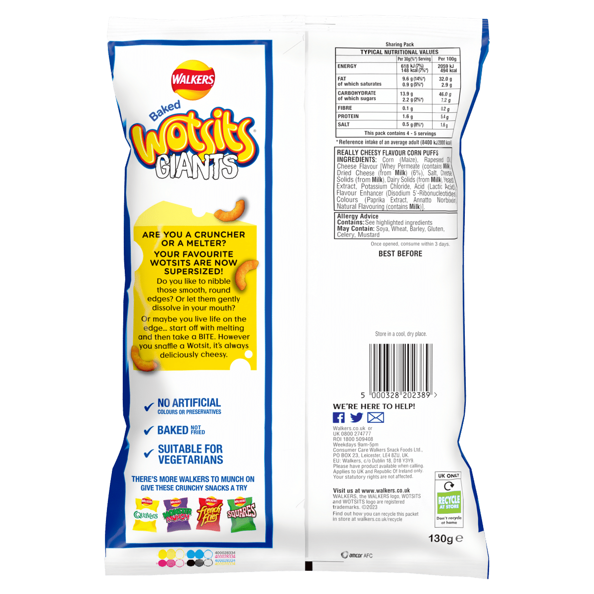 Walkers Wotsits Giants Really Cheesy Sharing Snacks Crisps 130g - One Stop