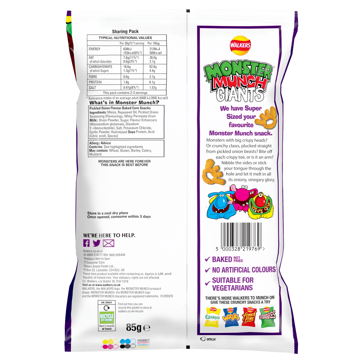 Walkers Monster Munch Giants Pickled Onion Sharing Snacks Crisps 85g ...