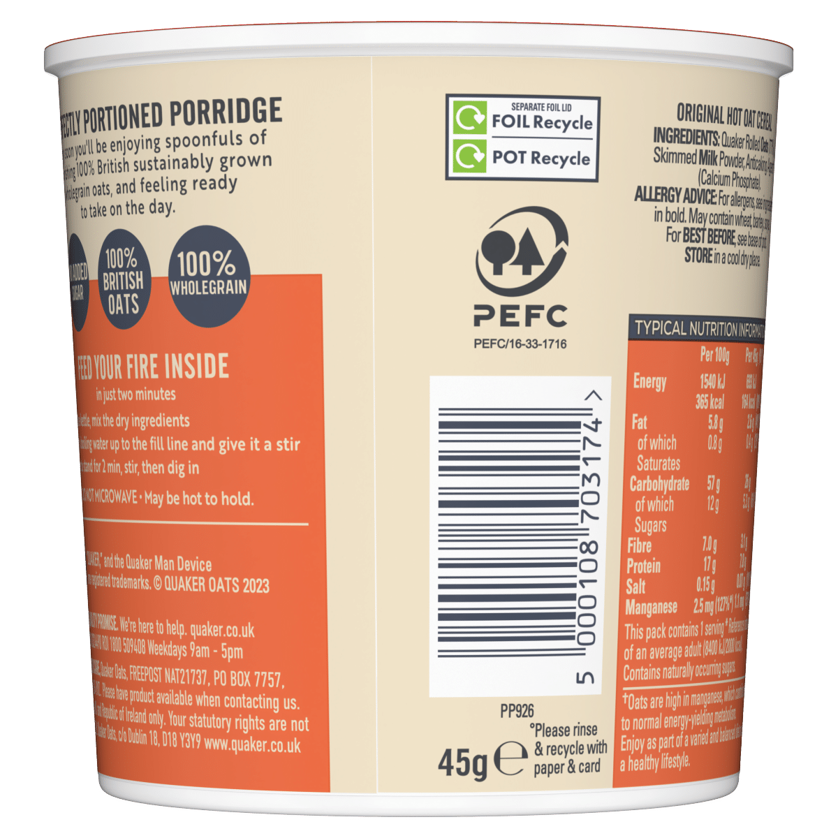 Quaker Oat Original Porridge Pot 45g - One Stop