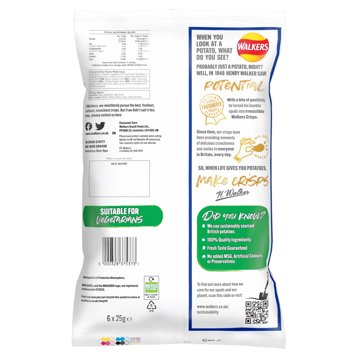 Walkers Cheese & Onion Multipack Crisps 6x25g - One Stop