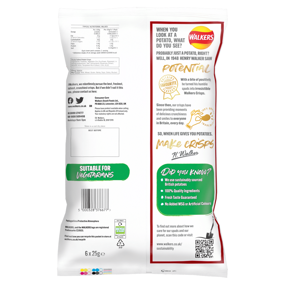 Walkers Ready Salted Multipack Crisps 6x25g - One Stop